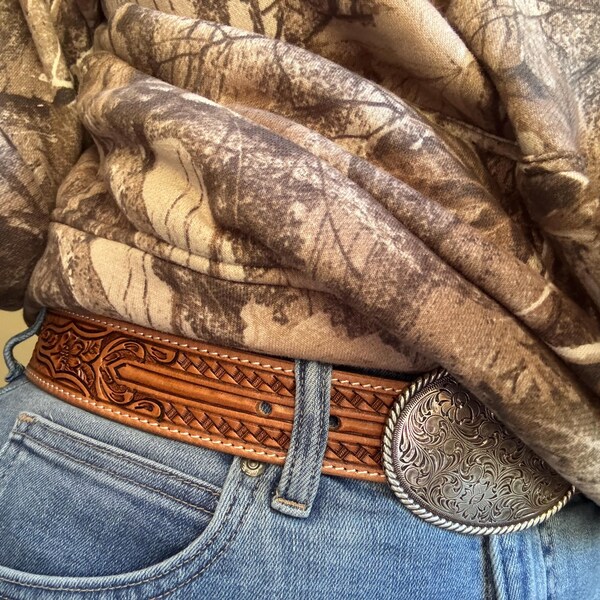 Western Floral Belt Genuine Full Grain Leather Heavy Duty Without ...