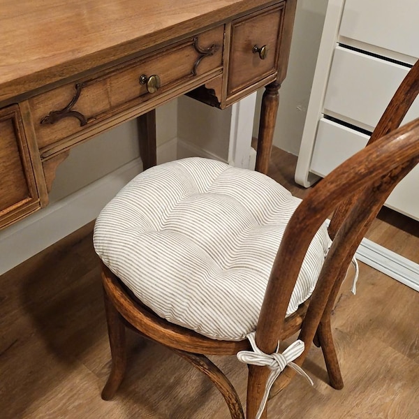 Round Linen Chair Pad With Ties - Striped Custom Seat Pad - Natural ...