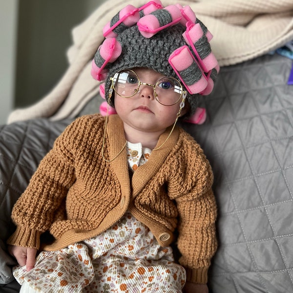 Crochet Baby Curler Hat, Old Lady Hat ,beauticians Baby Photo Prop ...