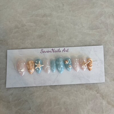 Air Brush Pink Press on Nails Pink and Blue Ombre Press-ons Dreamy Galaxy 3D Raised Gel Nail Set ...