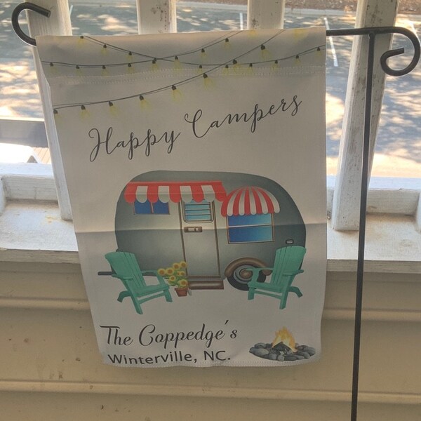 Happy Camper Flag, Burlap Garden Flag, Personalized Flag, Campground ...
