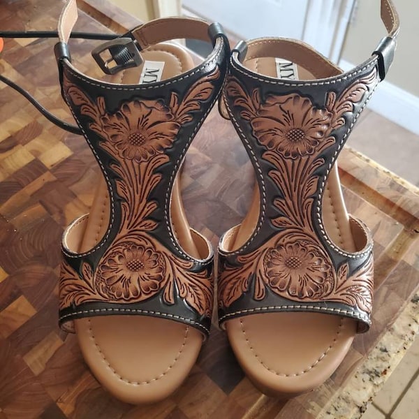 Tooled Leather Wedge Sandals, Western Sandals, Wedding, Prom Shoes - Etsy