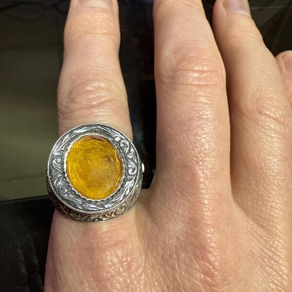 Large Citrine Stone Ring for Men, Handmade Engraved Ring for Men ...