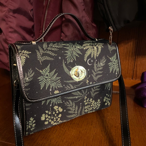 Boho Fern Forest Black Canvas Satchel Bag, Green Crossbody Moon Purse ...