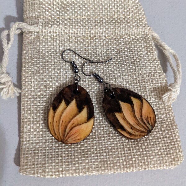 Lotus Wood Earrings, Spiritual Art, Freehand Pyrography, Handmade Wood ...