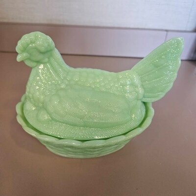 Jadeite Depression Style Glass Rooster Chicken Covered Candy Dish With ...