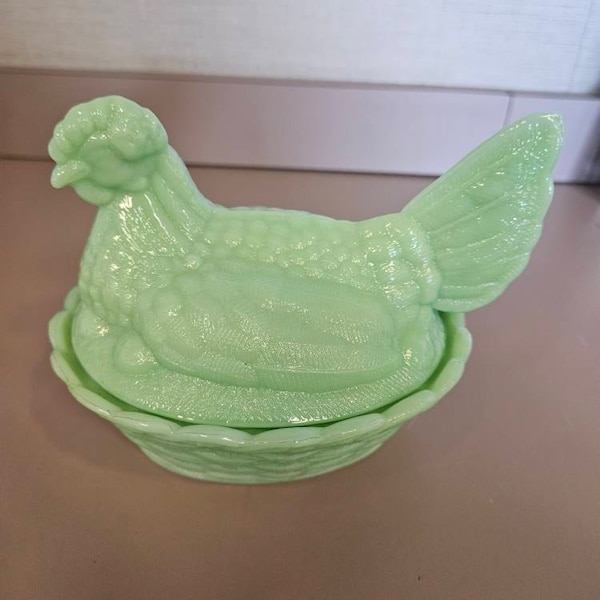 Jadeite Depression Style Glass Nesting Chicken Hen on Nest Candy Dish W ...