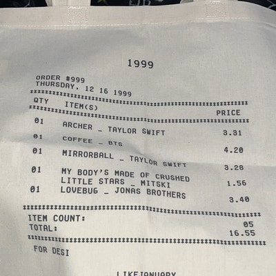 Custom Song Receipt Tote, Customizable Song Playlist Tote Bag, Custom ...