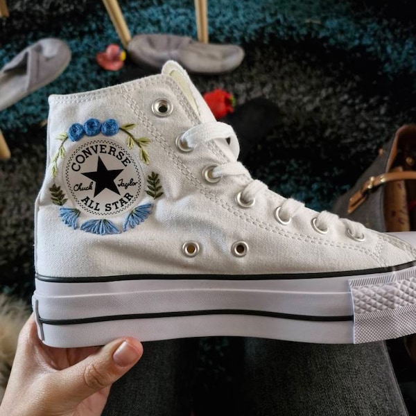 Custom Converse Platform, Wedding Flowers Embroidered Platform Shoes ...