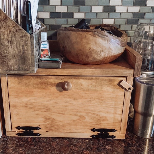 Rustic Unfinished Pine Bread Box With Top Shelf - Amish Country Kitchen ...