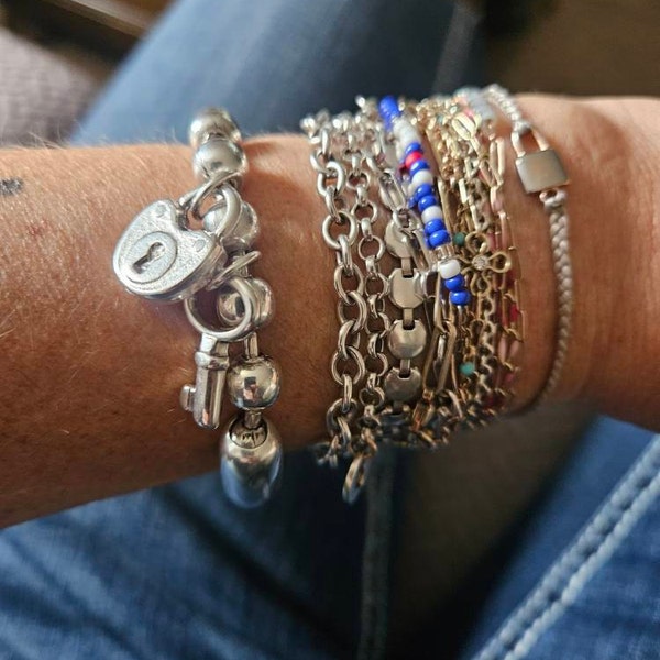 Womens Chunky Padlock and Key Ball Chain Bracelet, Silver Ball Chain ...