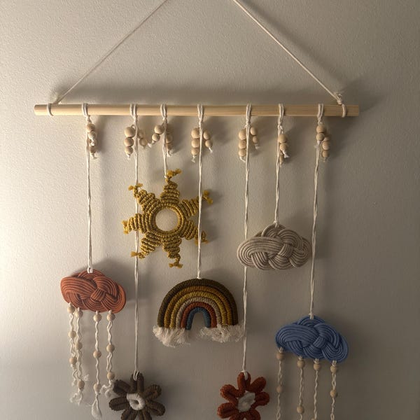 Macrame Cloud Wall Hanging: Handmade Nursery Decor, Rainbow Sun Stars - Etsy
