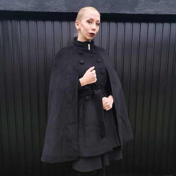 Vintage Inspired Wool Cape Coat With Stand Collar, Wool Cape Coat ...