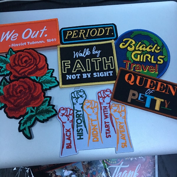 Neon Blue and Metallic Gold, "periodt" Embroidery Patch, Size 4"x2 ...