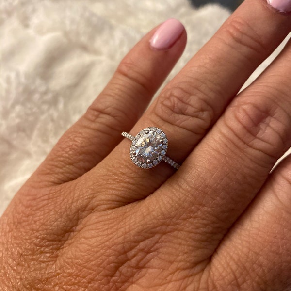 Art Deco Oval 6x8mm Moissanite Diamond Engagement Ring, Pave Set Halo ...