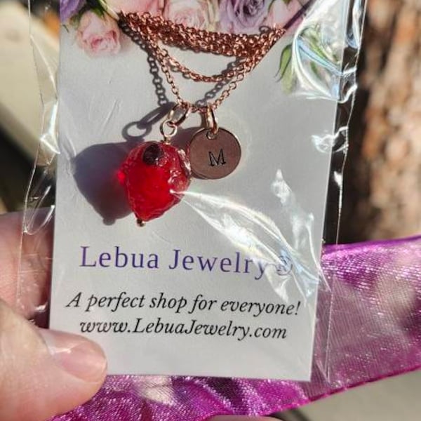 Gold Strawberry Necklace, Handmade Lampwork Charm, Personalized Initial ...