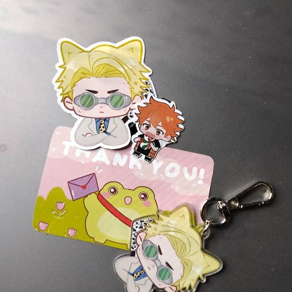 Cute Pink Psychic Boy Keychain With Frog Hat | Anime Acrylic Keychain ...