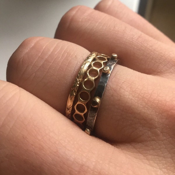 Gold & Silver Flower Ring, Embossed Texture Matte Finish, Round Floral ...