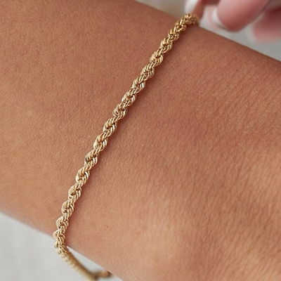 14k Real Gold Rope Chain Bracelet, 2.3 Mm Rope Chain, Twisted Chain ...
