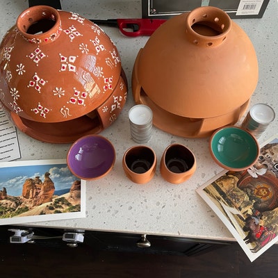 Red Clay Candle Heater and Censer linear Patterns 8.6 Inch., Terracotta ...