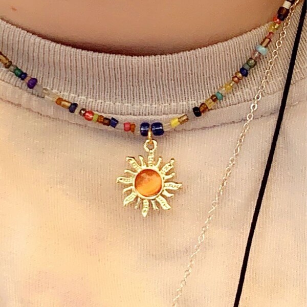 Gold Sun Pendant Choker,sun Necklace,beaded Choker,beaded Necklace ...