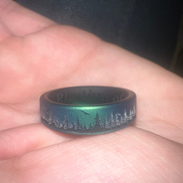 Forest or Mountain Silicone Ring in Iridescent Green or Blue Dual Layer ...