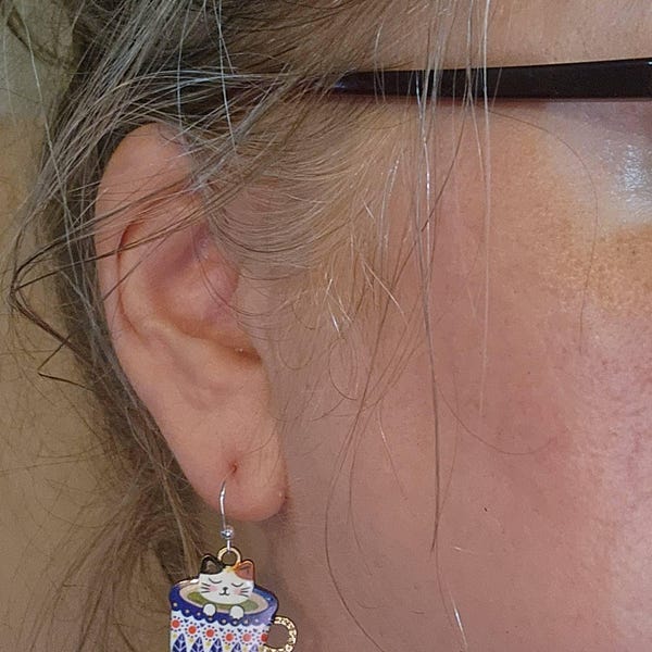 Silver Dangle/ Drop Earrings With Mismatch Cat in a Teacup Charms, Cat ...