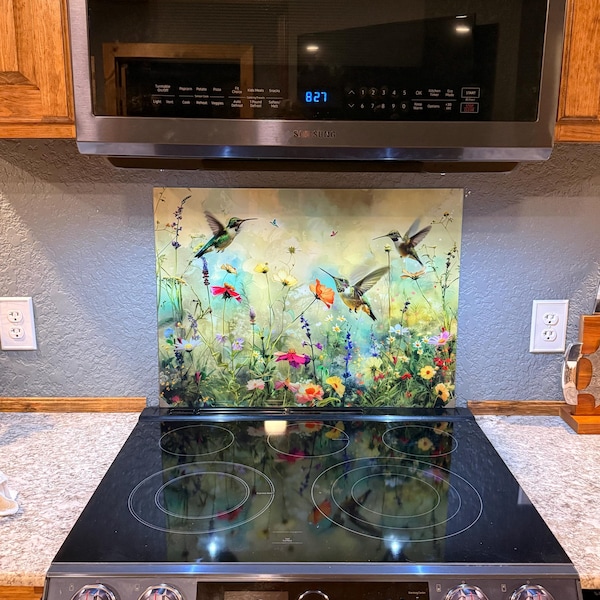 Hummingbird Glass Backsplash, Floral Nature Kitchen Wall Panel ...