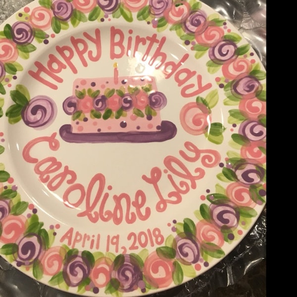 Personalized First Birthday Plate, Hand-painted Ceramic, Pink and ...