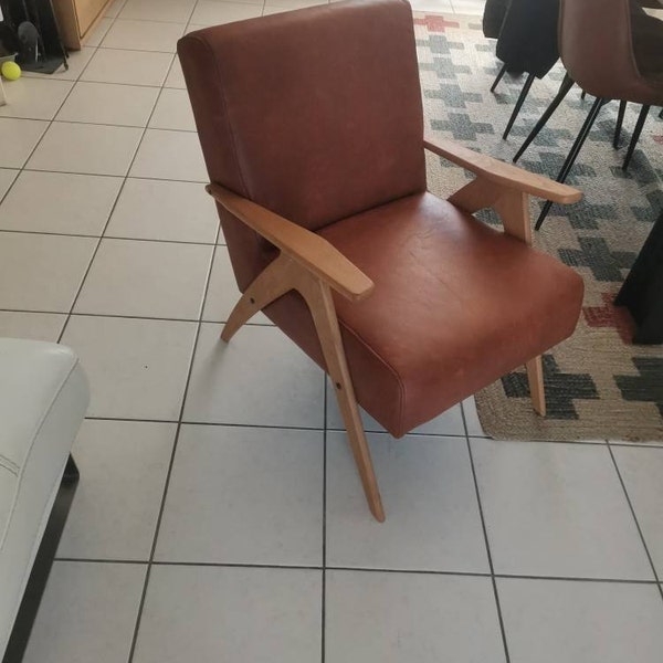 Mid-century Modern Armchair in Beige Linen, Handmade Vintage-style ...