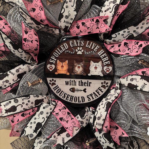 Black Cat Silhouettes With Paws/yarn/fish Bones on Cream Wired Ribbon 1 ...