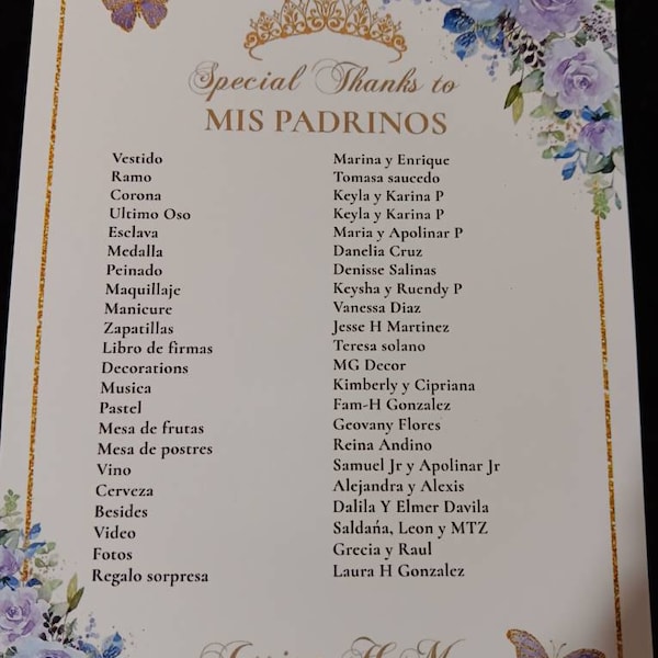 Purple Lilac Floral Quinceañera Padrinos List Printable EDITABLE ...
