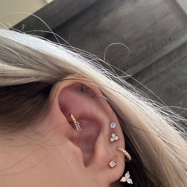 18G Tiny Diamond Baguette Rook Hoop Earring Tiny Gold Cartilage Hoop ...