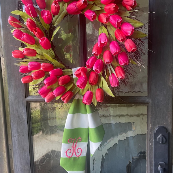 Spring Green Stripe Monogram Wreath Sash for Front Door, Personalized ...