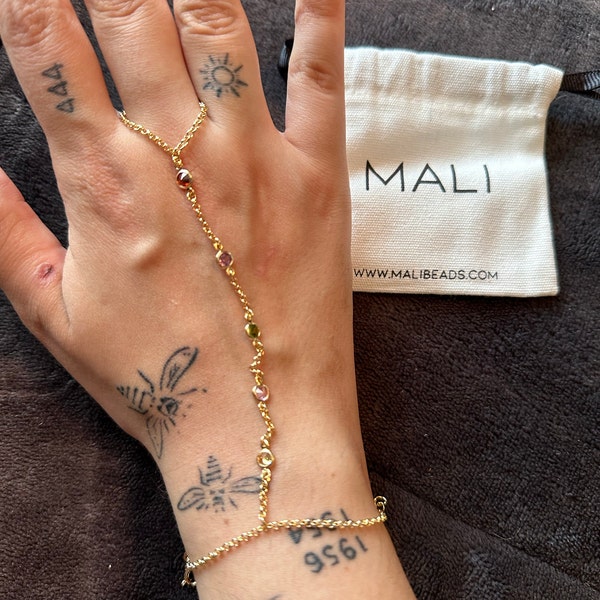 Dainty Gold Filled Beaded Hand Chain Bracelet, CZ Ring Hand Jewelry ...