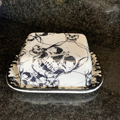 Skull Butter Dish, Skulls Dome Plate, Black and White, Gothic Gift ...