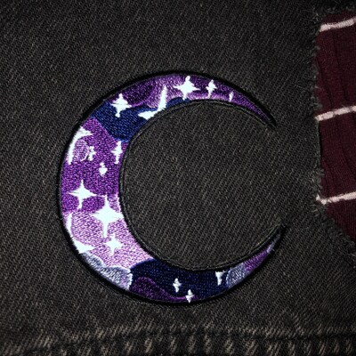 Galaxy Crescent Moon Embroidered Patch / Vegan Adhesive / Cute Stars ...