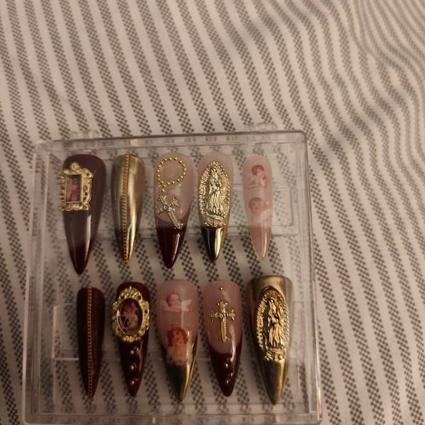 Long Stiletto False Nails, Hand Painted Golden Angel Nails, Cross ...