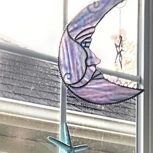 6 X 11 Moon/ Blue-pink Moon Window Hanging/ Stained Glass Blue Moon ...