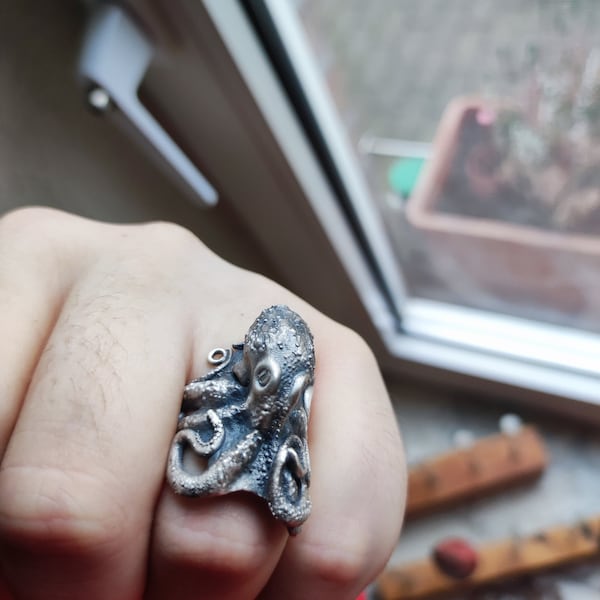 Octopus Handmade Sterling Silver Men Ring, Octopi Animal Biker Ring ...