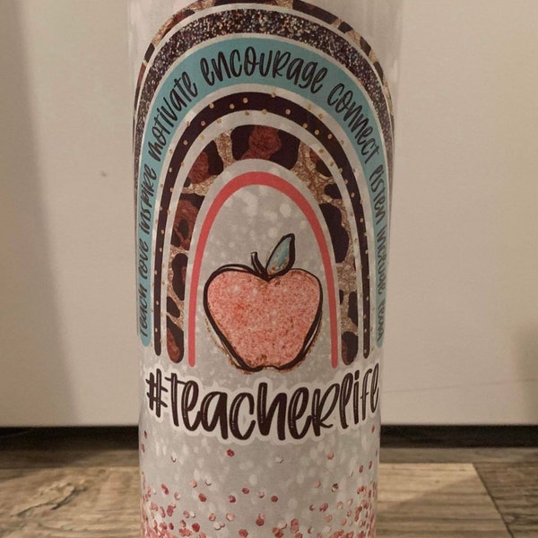 20 Oz Skinny Tumbler Rainbow Pink Glitter Teacher Tumbler Full Pencils ...