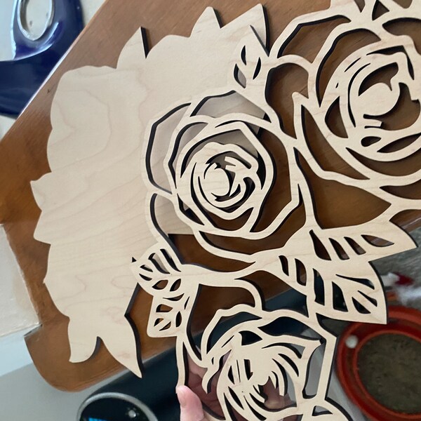 Wood Floral Rose Cut Out, Flower Shapes With Leaves, Wooden Floral ...