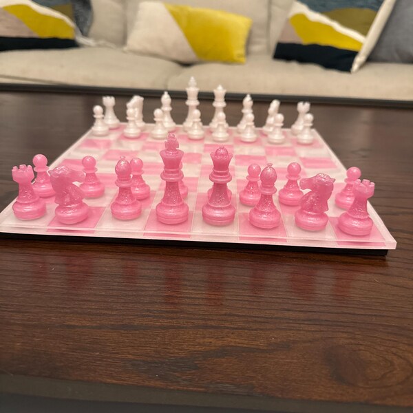 CHESS SET Bubble Gum Glow-in-the-dark Resin Handmade Chess Set Optional Tabletop Base Free ...