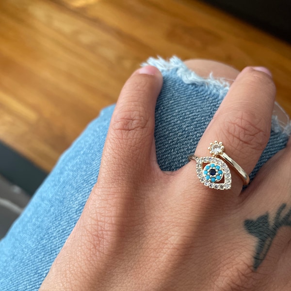 Minimalist Adjustable Evil Eye Ring, Zircon Evil Eye Charm Ring, Adjustable Minimalist Ring in ...