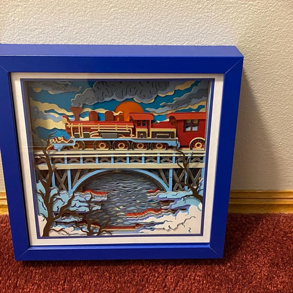 Winter Train on Bridge - 3D Shadow Box Layered SVG DXF EPS (cutting ...