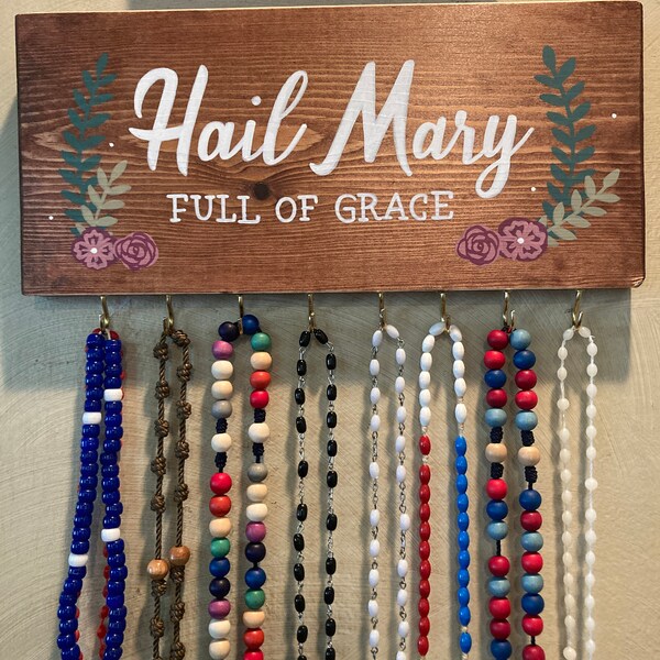 Hail Mary Wood Sign Rosary Hanger, Hand-painted, Home Decor, Prayer ...