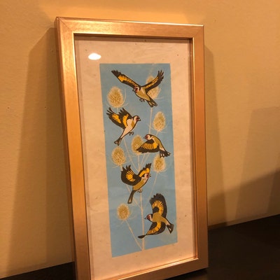 Goldfinches in Flight Linocut Print Bird Print Finch Teasel Handprinted ...