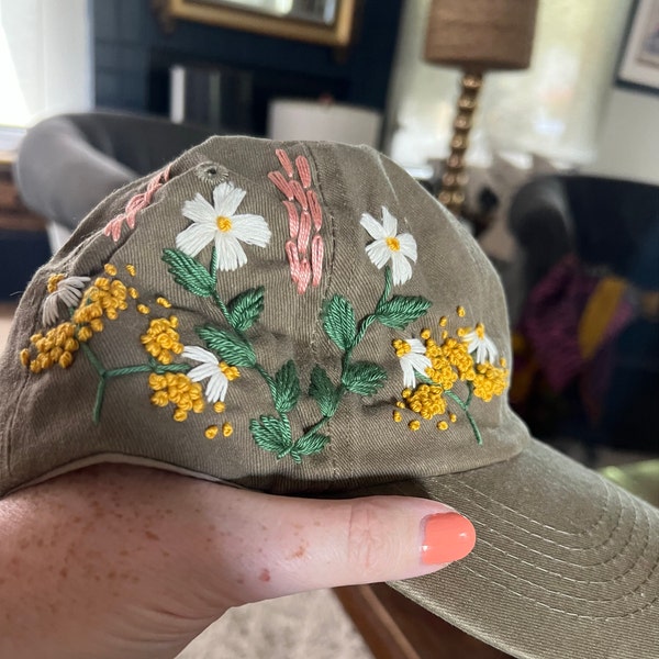 Hand Embroidered Hat, Floral Embroidered Denim Cap, Vintage Hat for ...