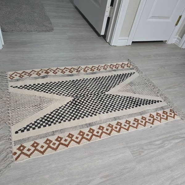 Wool Dark Red and White Modern Stripes Woolen Rug- 100% Handmade Wool ...