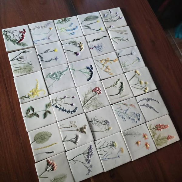 Flower Meadow” Tile Set, Handmade Ceramic Tiles, Natural Clay Color ...